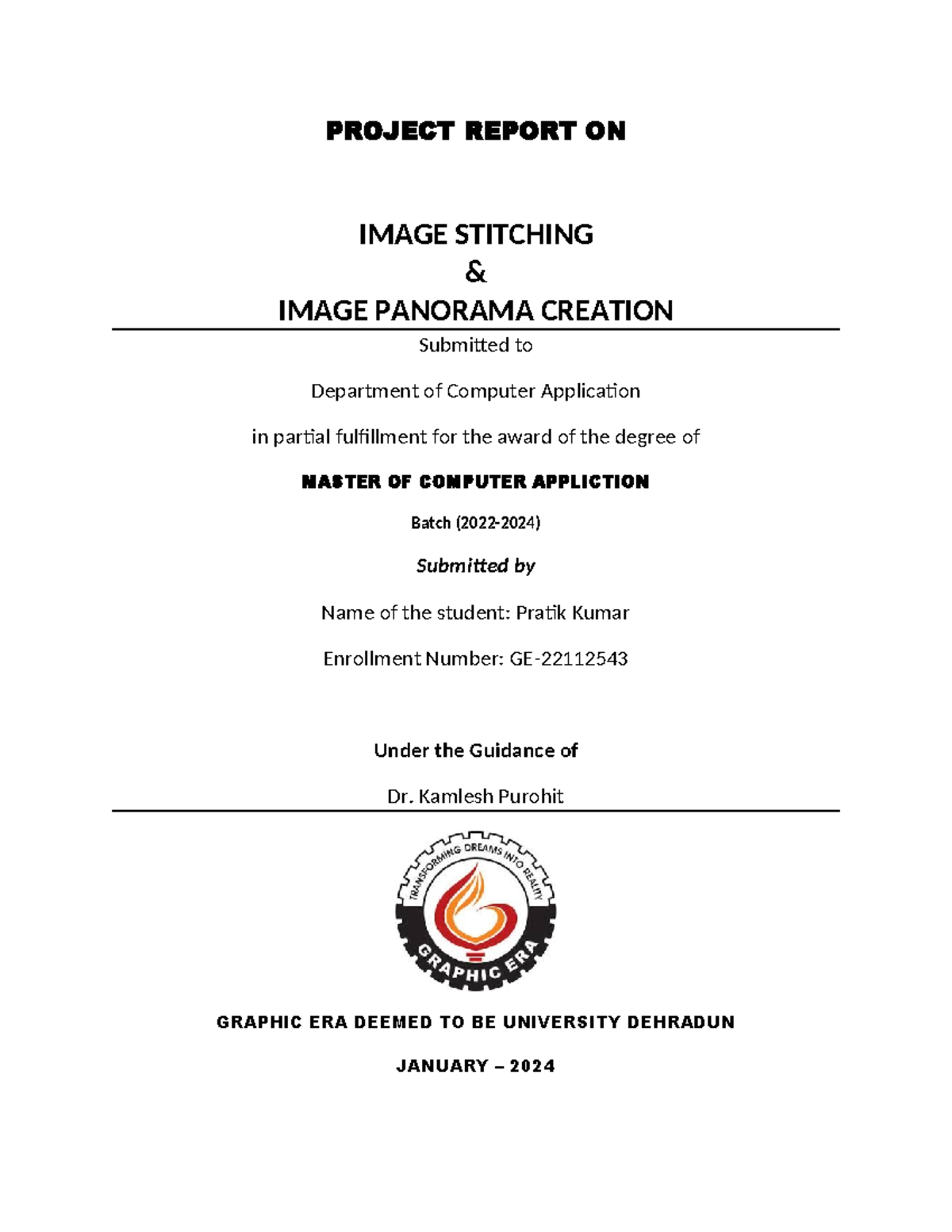 Final Report - PROJECT REPORT ON IMAGE STITCHING & IMAGE PANORAMA ...