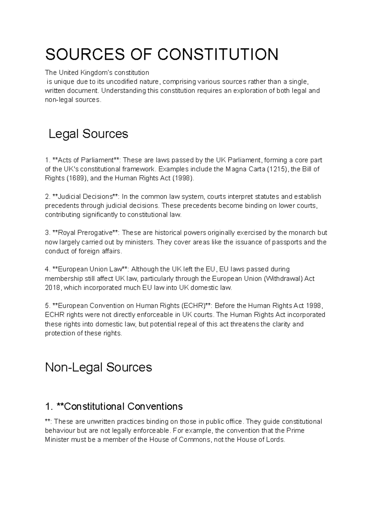 Sources Of Constitution - SOURCES OF CONSTITUTION The United Kingdom’s ...