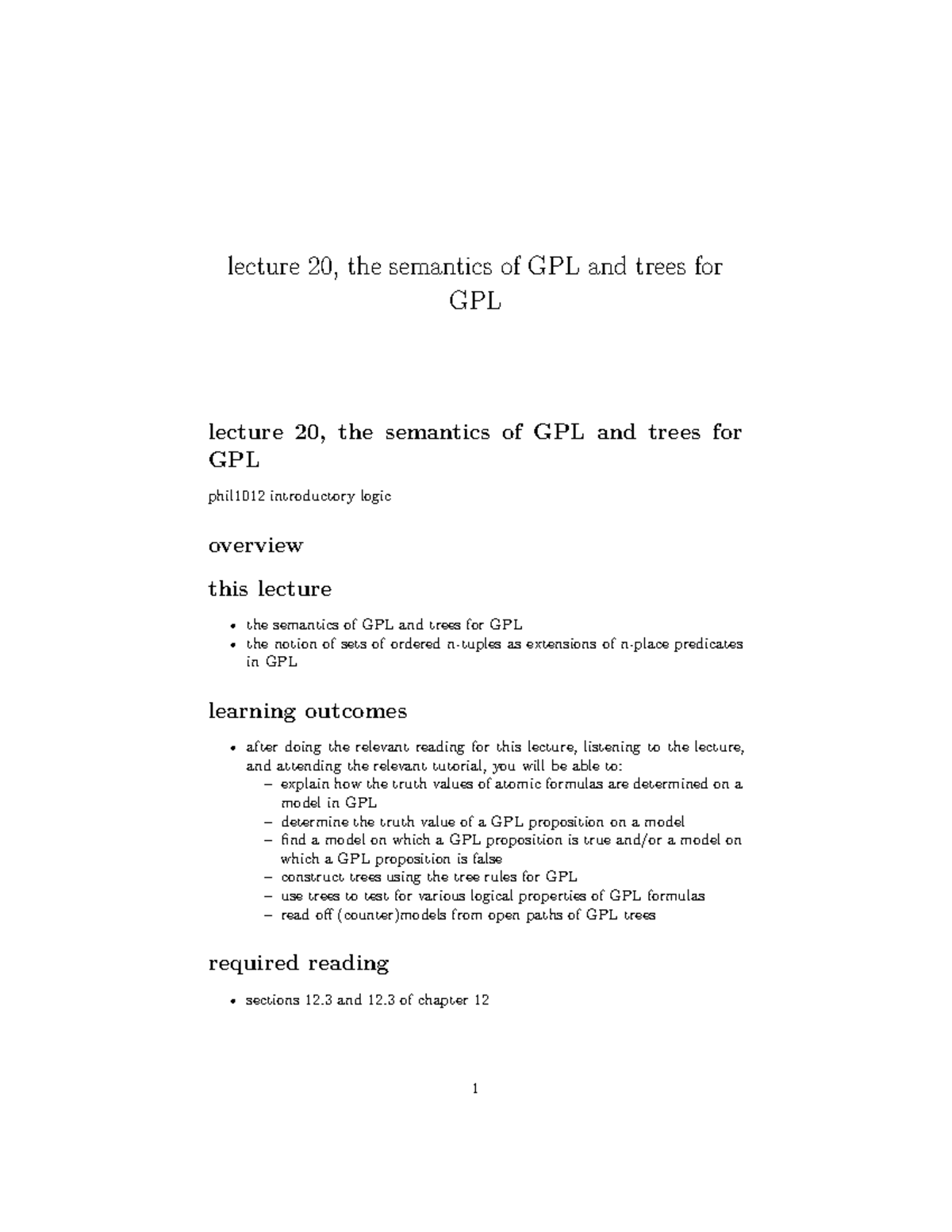 20 the semantics of GPL and trees for GPL handout - lecture 20, the semantics of GPL and trees ...