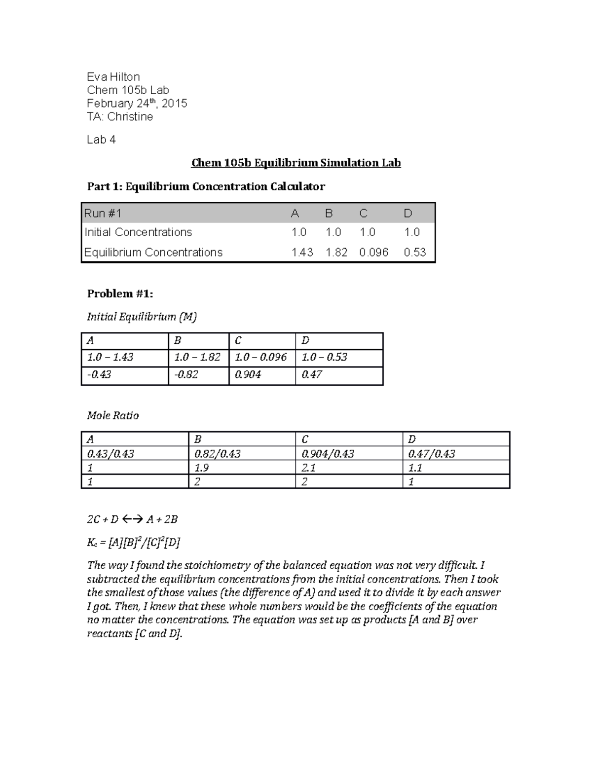 Lab 4 chem 105b equilibrium simulation - Eva Hilton Chem 105b Lab ...