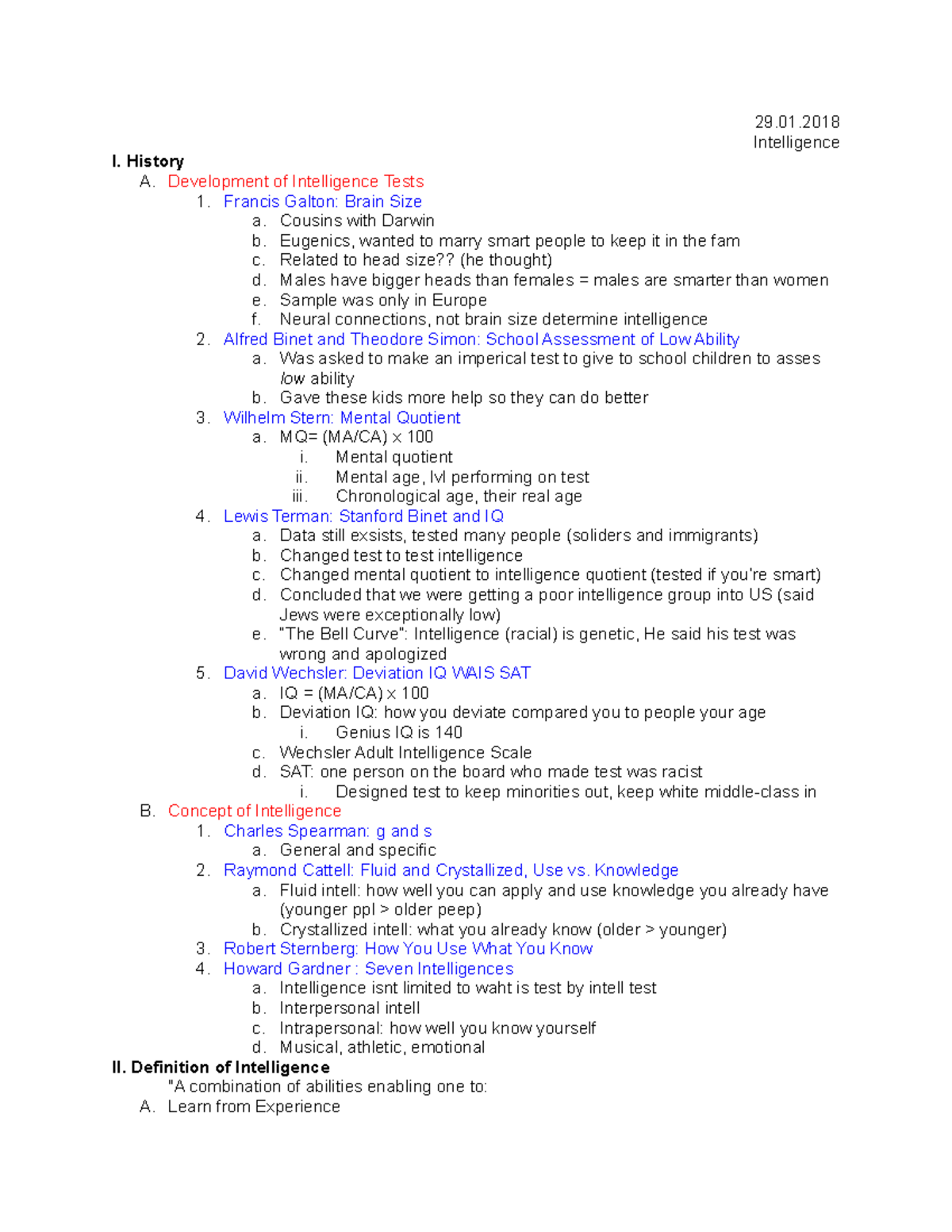 PSY 202 Intelligence - Lecture notes 1 - 29.01 Intelligence I. History ...