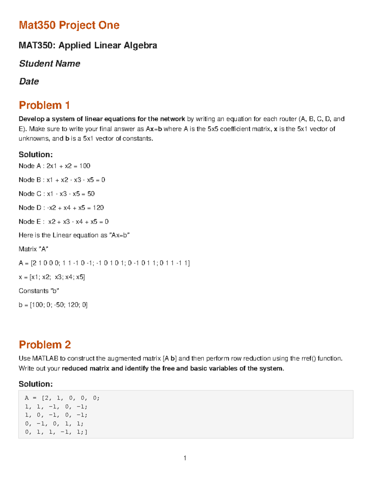 Project One Applied Linear Algebra - Mat350 Project One MAT350: Applied ...