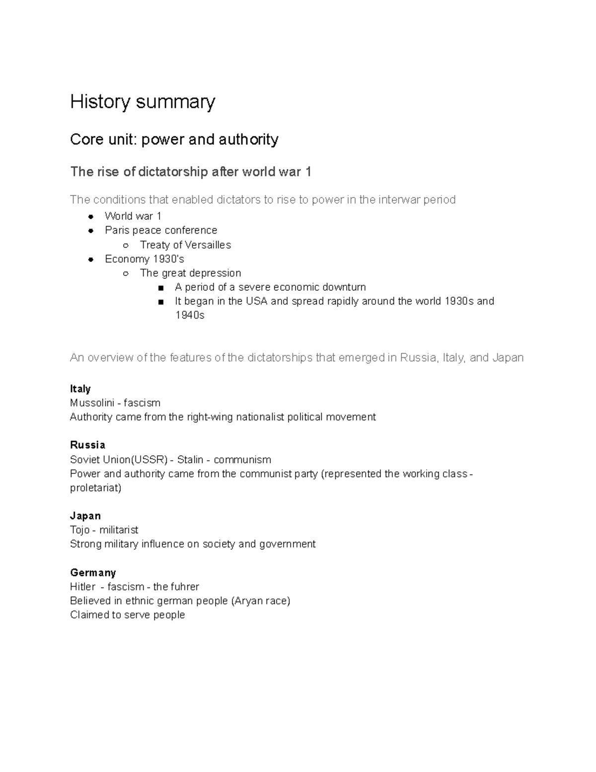 History summary - History summary Core unit: power and authority The rise of dictatorship after ...