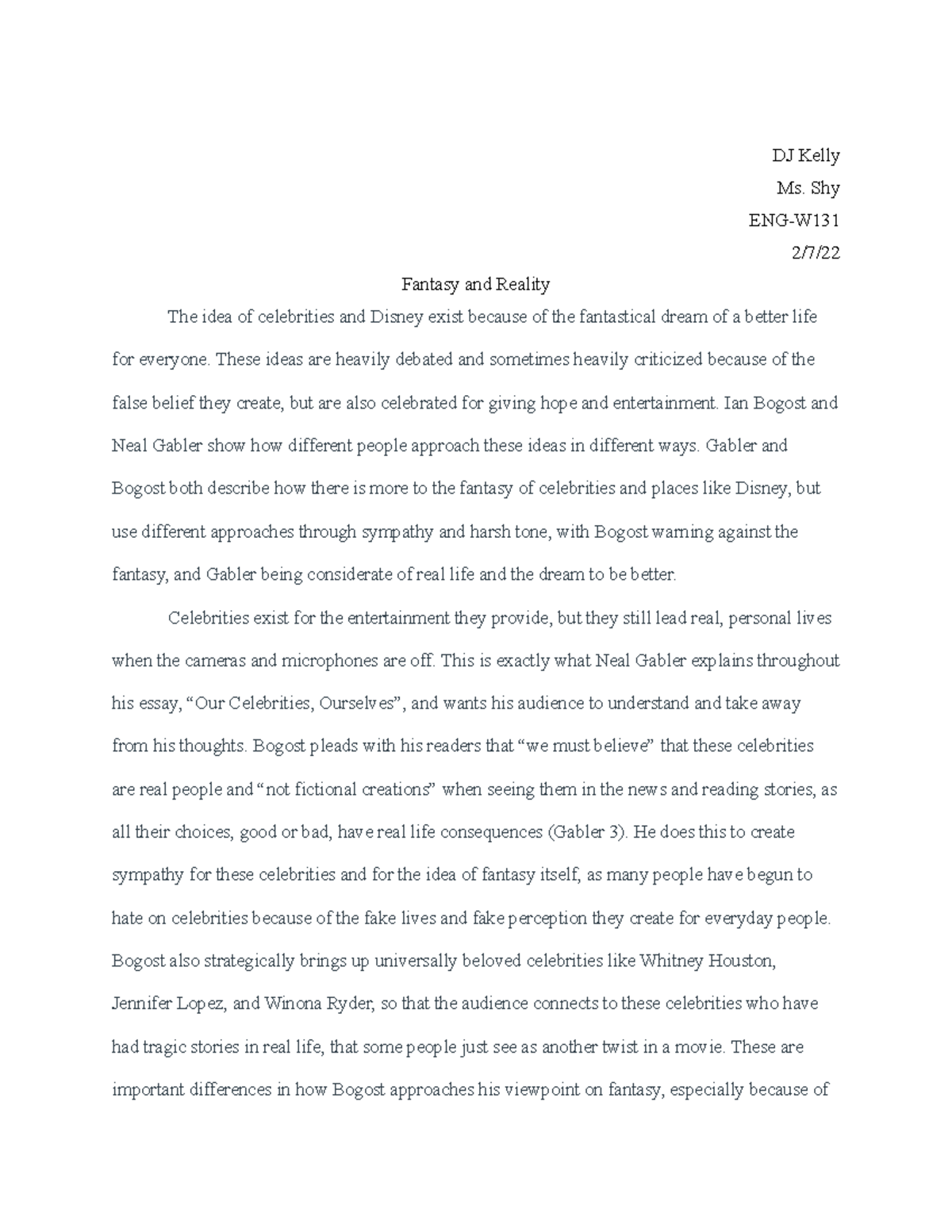 Essay for English DOC - DJ Kelly Ms. Shy ENG-W 2/7/ Fantasy and Reality ...