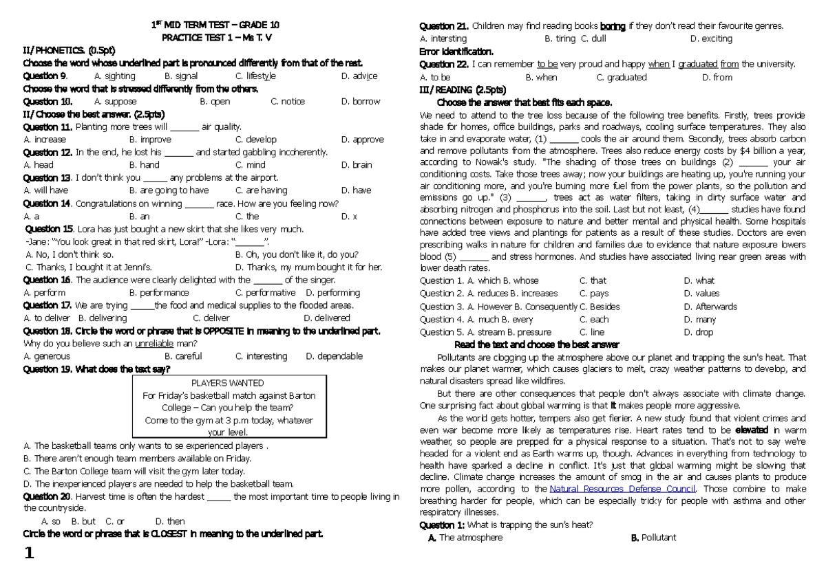 10 DE Cuong GIUA KY 1 - K10 - 1 ST MID TERM TEST – GRADE 10 PRACTICE ...