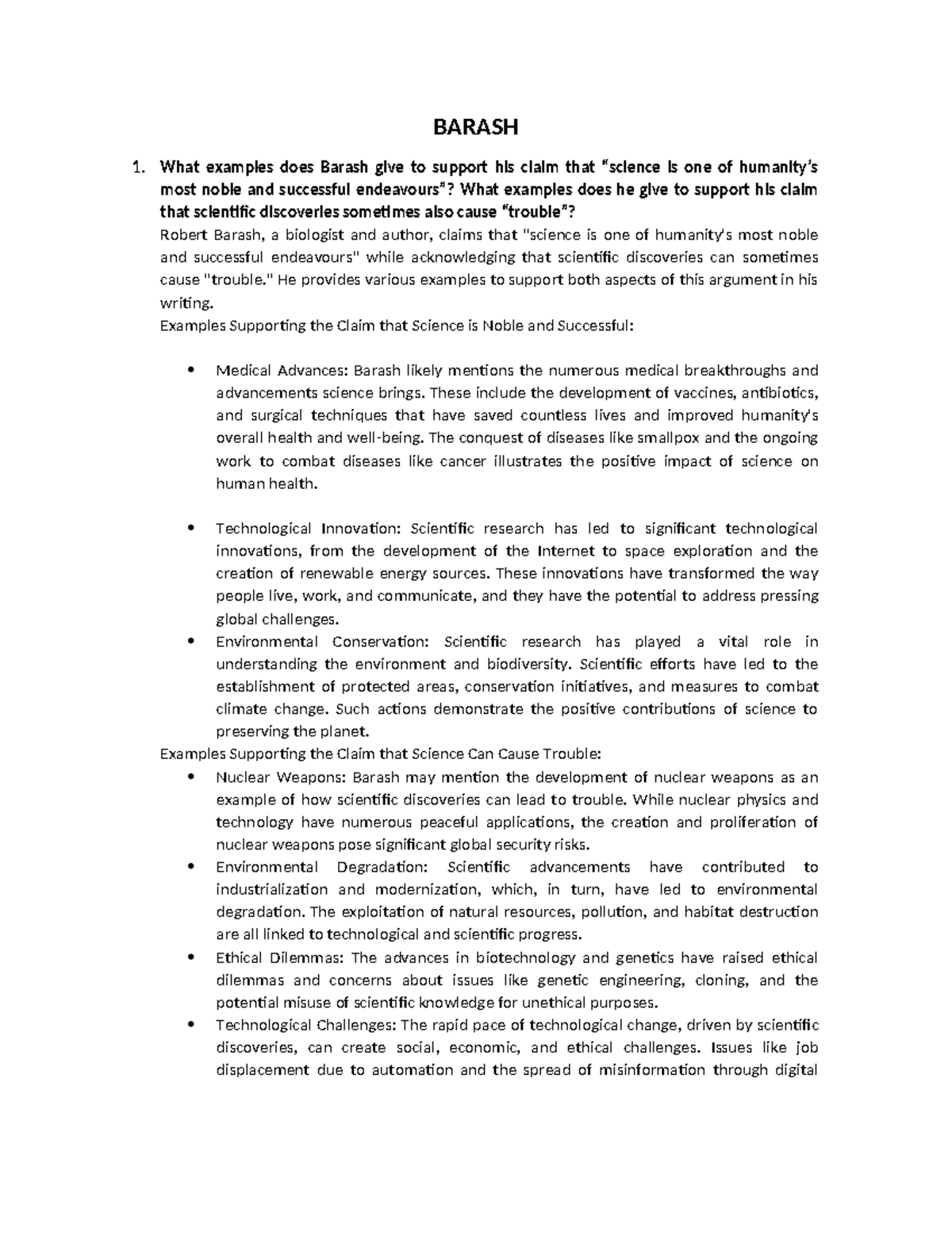 Barash'S Study Guide - BARASH What examples does Barash give to support ...