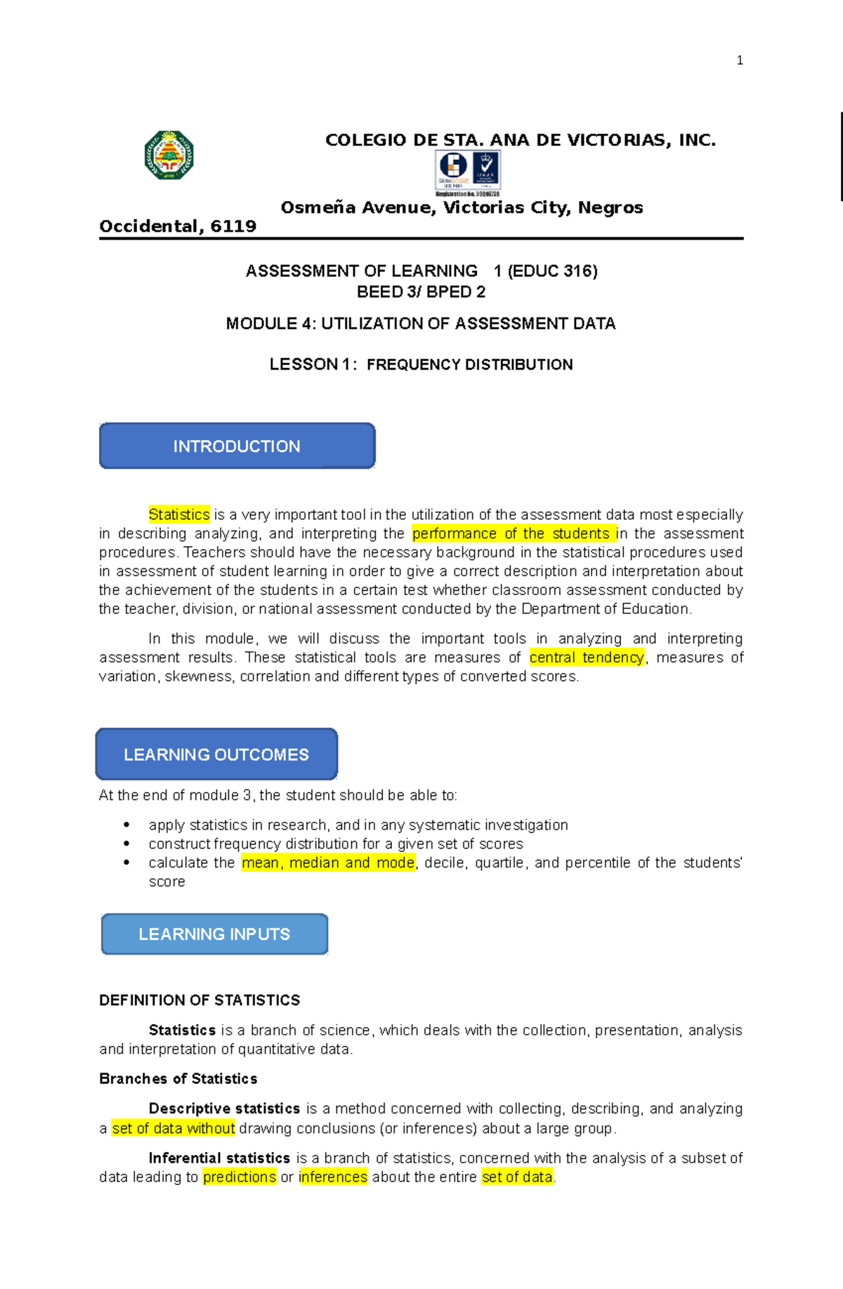 Module 4 Lesson 1 Frequency Distribution - COLEGIO DE STA. ANA DE ...
