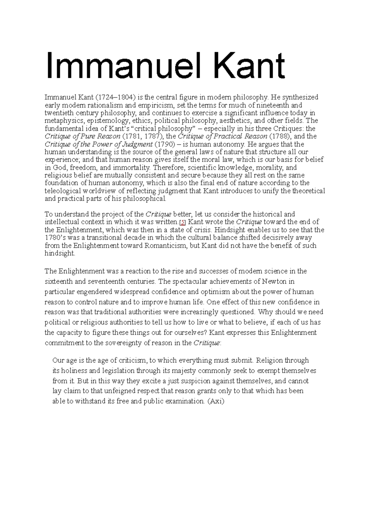 Immanuel Kant (1724–1804) - Immanuel Kant Immanuel Kant (1724–1804) is ...