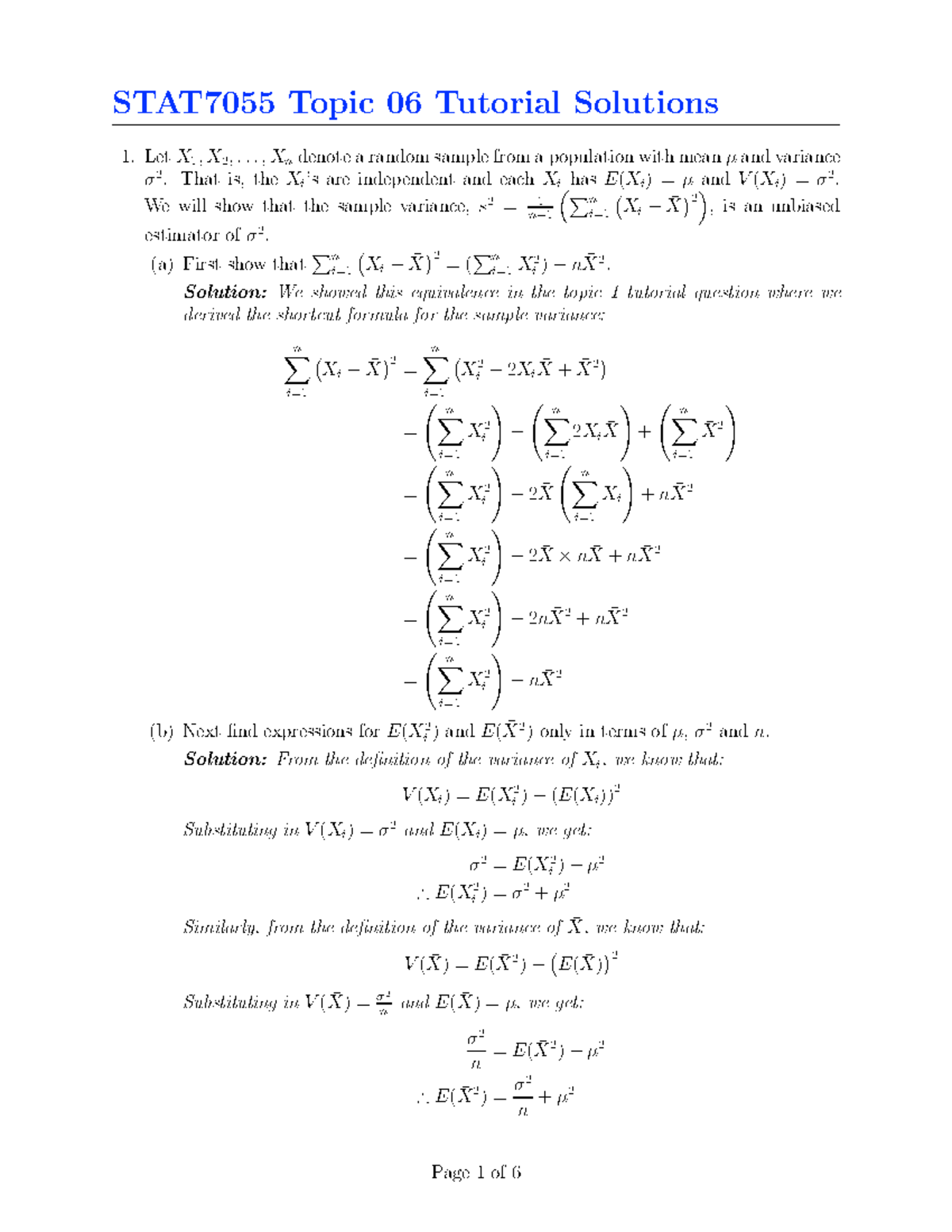 STAT7055 T06 Sol - Tutorial questions - Let X 1 , X 2 ,... , X n denote ...