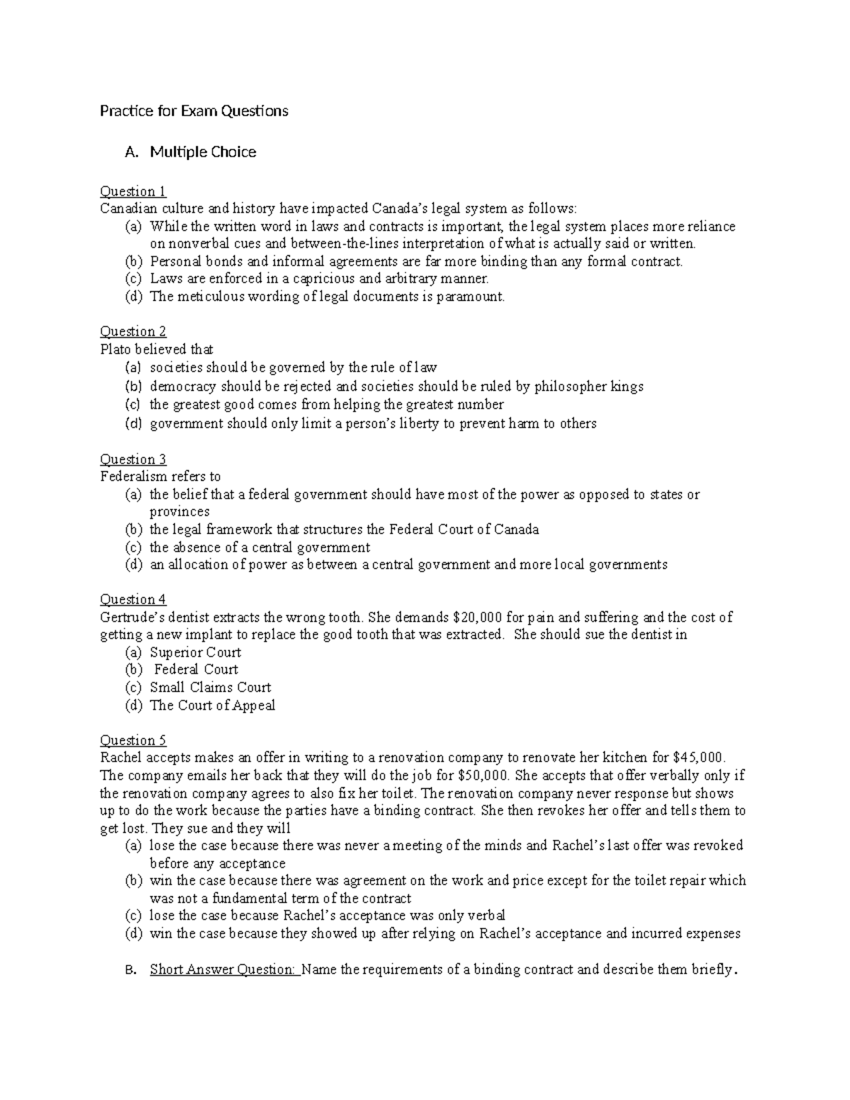 Practice for Exam Questions - Multiple Choice Question 1 Canadian ...