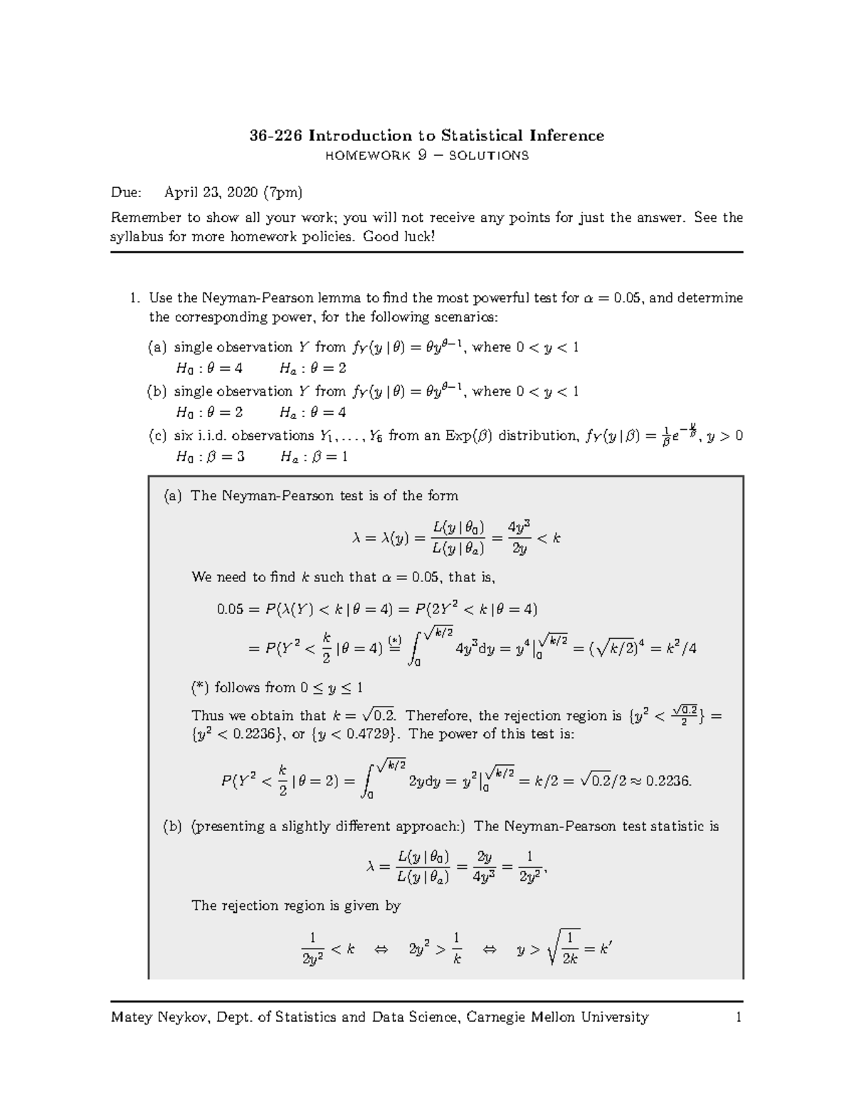 Homework 9 solutions - 36-226 Introduction to Statistical Inference ...