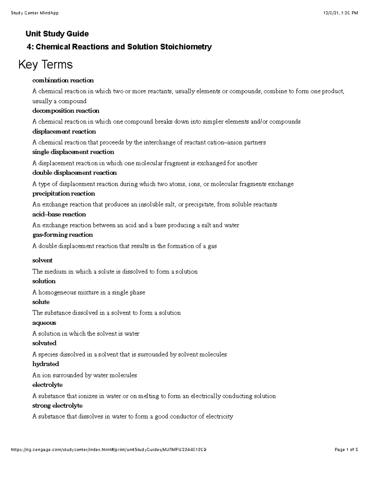 Chem Vocab Unit 4 - Unit Study Guide 4: Chemical Reactions and Solution ...