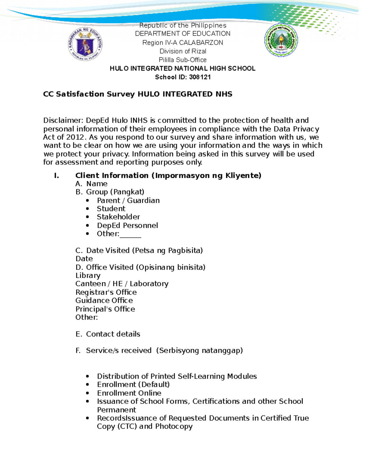 CC Satisfaction Survey HULO Integrated NHS - Republic of the ...