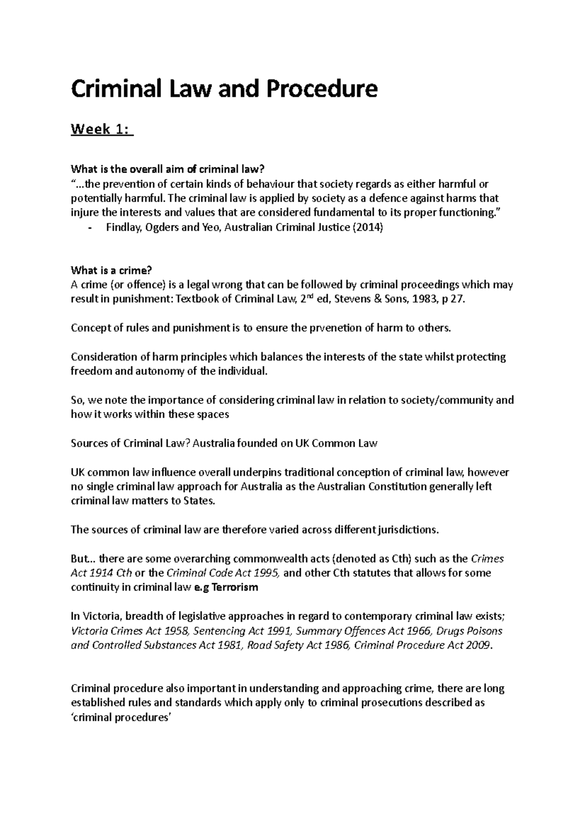 Week 1 - week 1 lecture notes - Criminal Law and Procedure Week 1: What ...