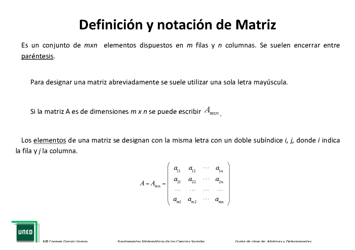 Guión Capítulo 1. Matrices y Determinantes - Definición y notación de ...