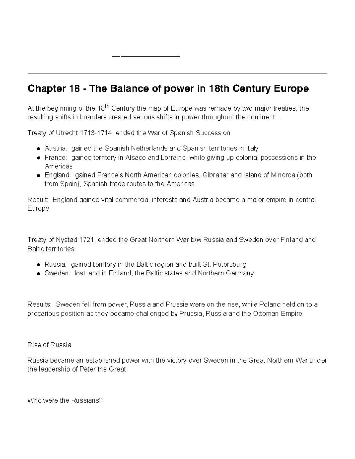 Chapter 18 - The Balance of power in 18th Century Europe - .. Treaty of ...