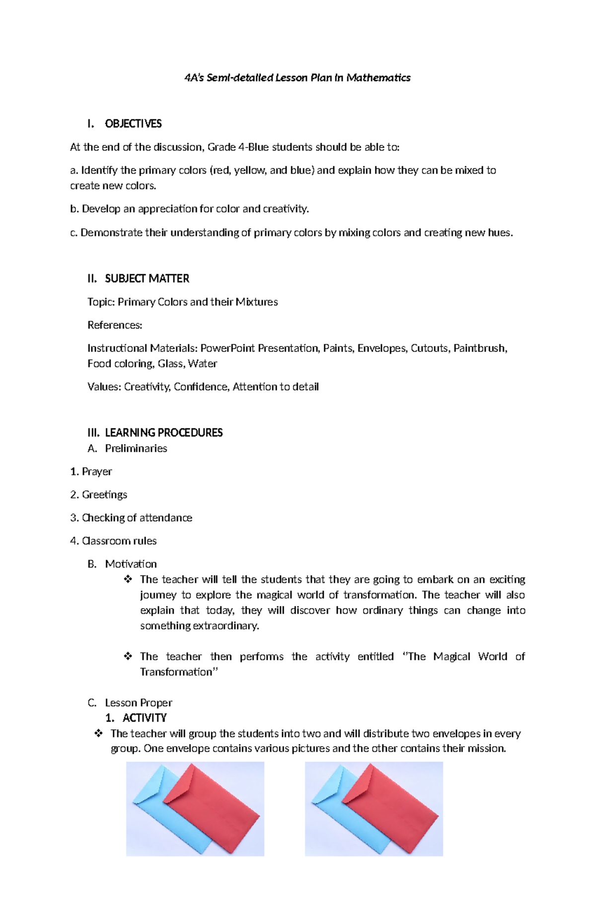 4A's SEMI- Detailed LP IN ARTS - 4A’s Semi-detailed Lesson Plan in ...