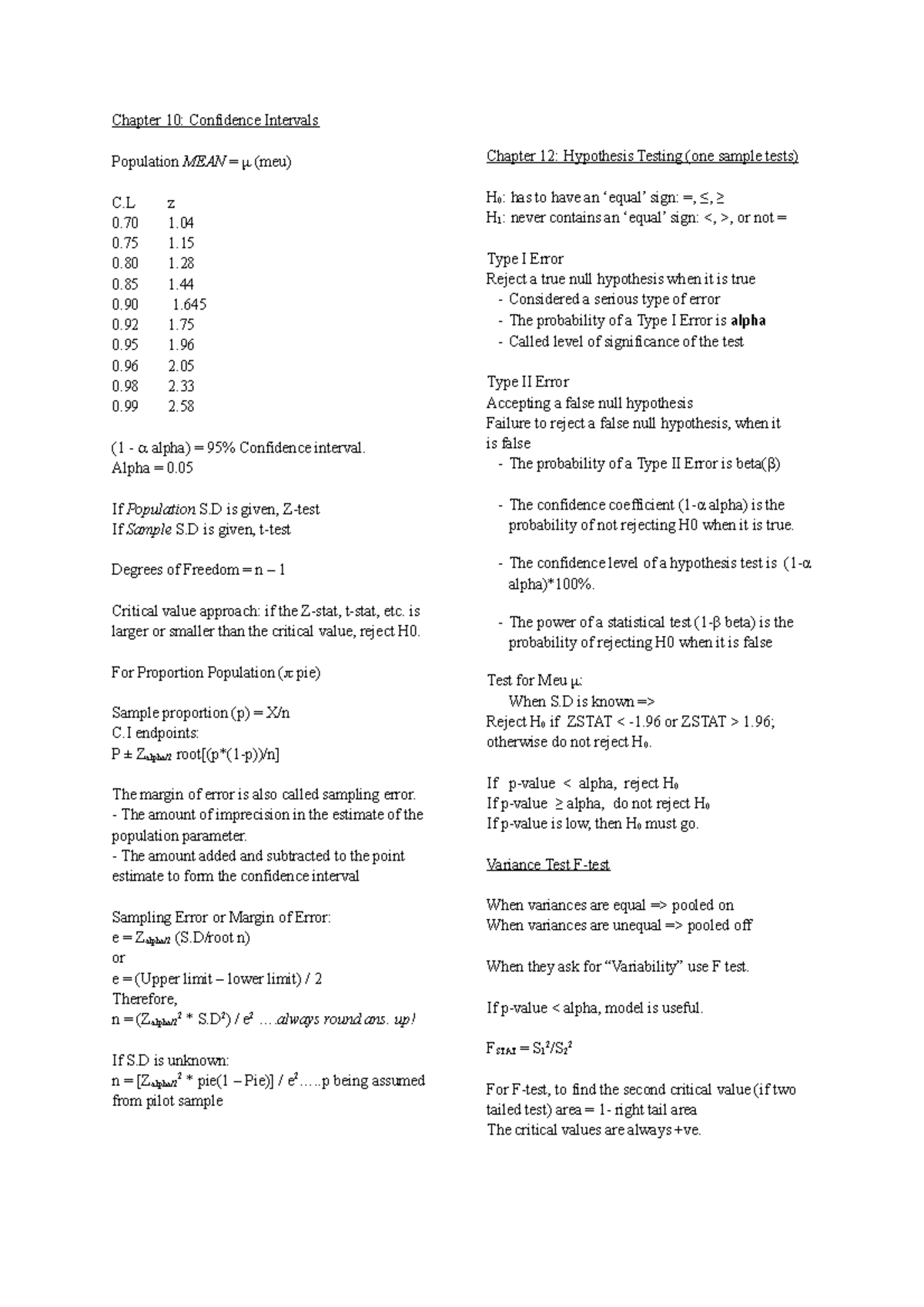 QMS 202 important formulas - Chapter 10: Confidence Intervals ...