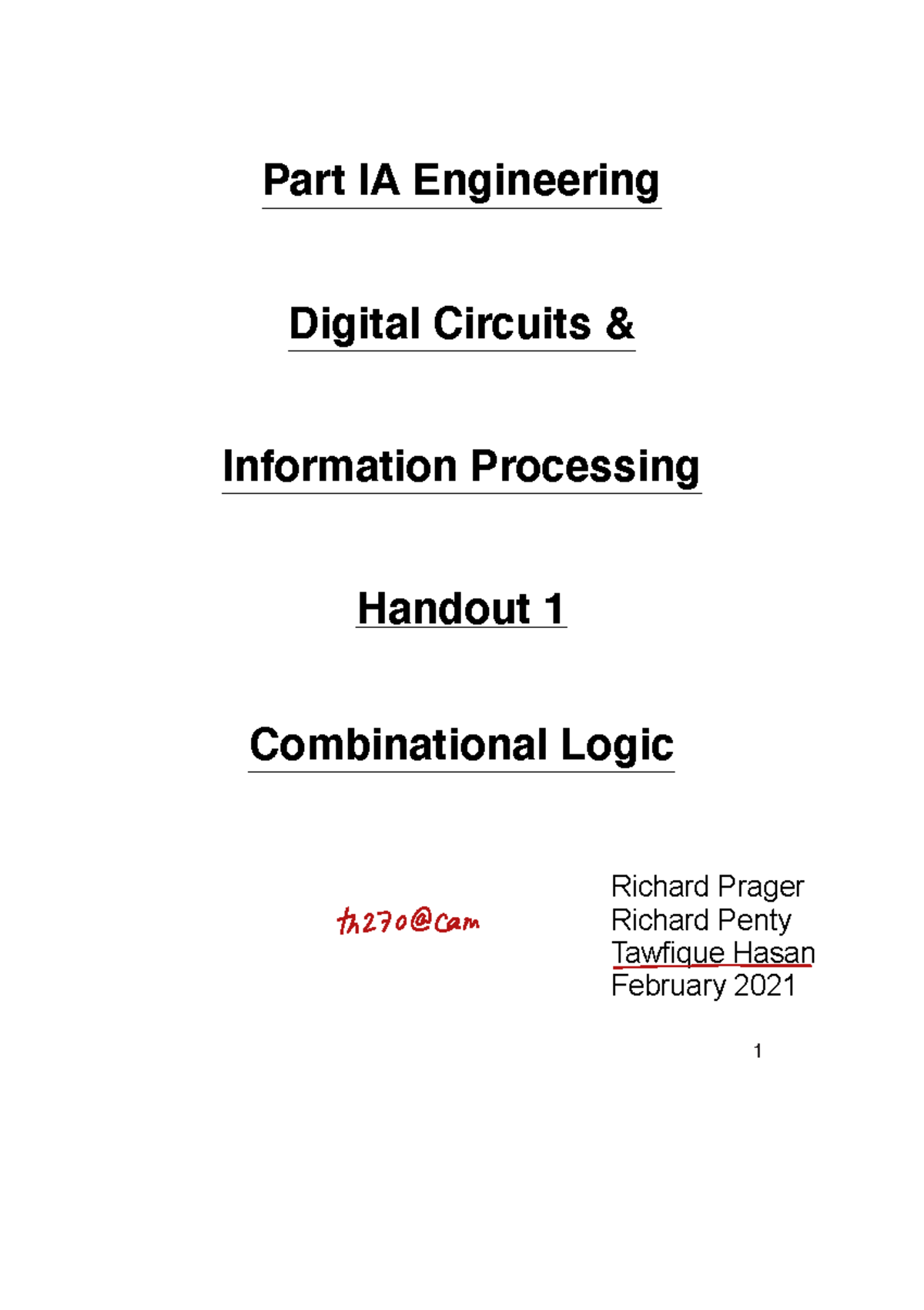 1 Combinational Logic Annotated - Part IA Engineering Digital Circuits ...