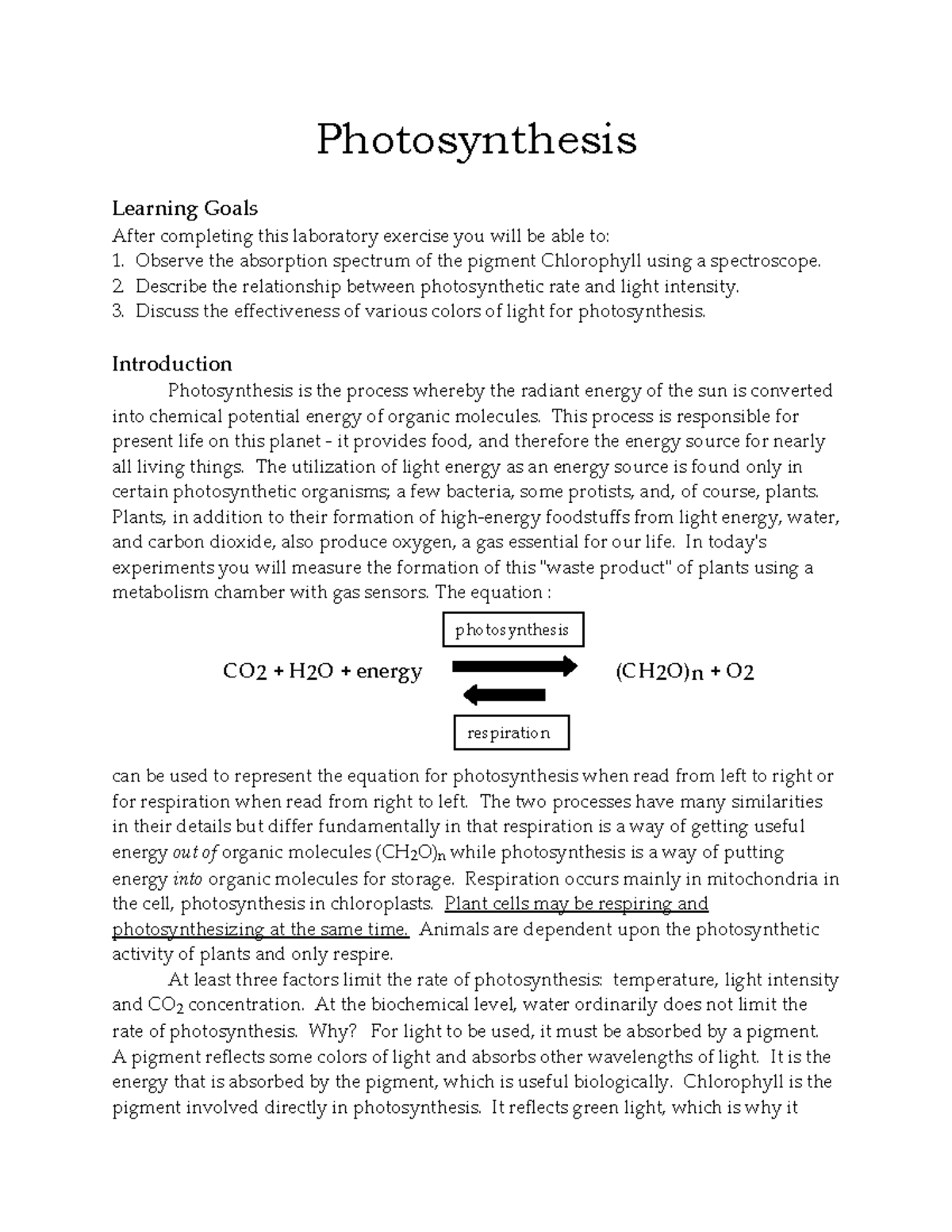 the photosynthesis - Photosynthesis Learning Goals After completing ...