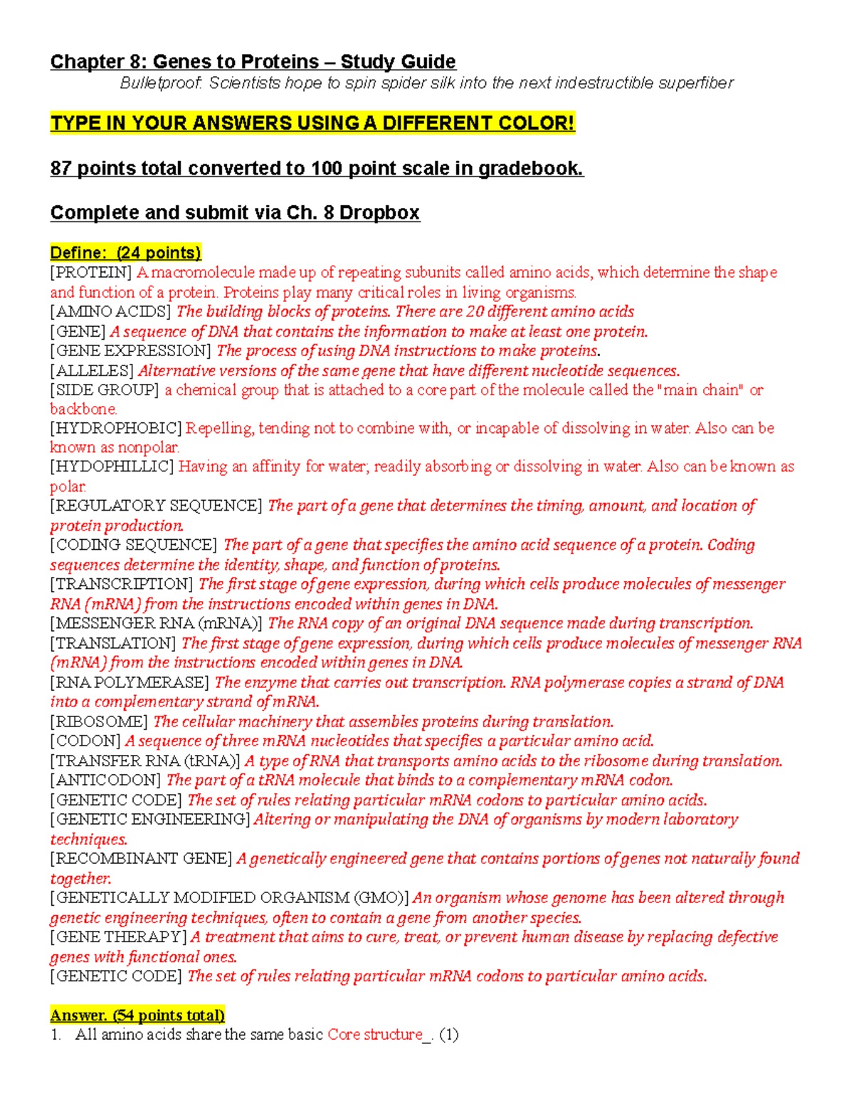 Ch. 8 Study Guide - N/A - Chapter 8: Genes to Proteins – Study Guide ...