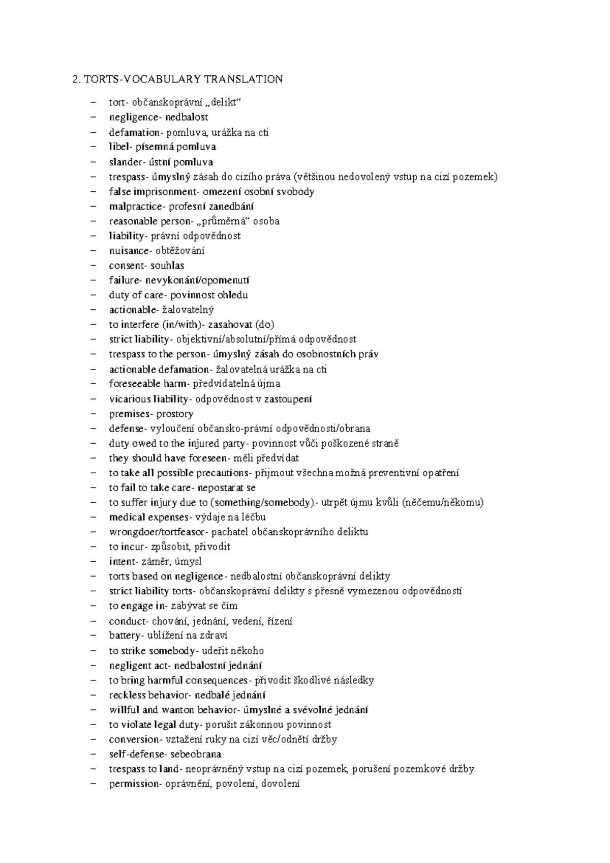 2 torts - Vocabulary - 2. TORTS-VOCABULARY TRANSLATION − tort ...