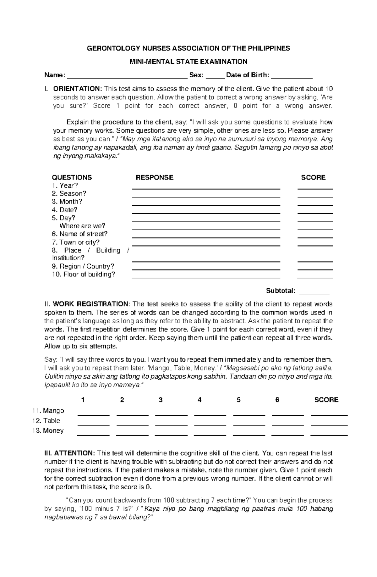 Mini-Mental State Examination (MMSE) Checklist - GERONTOLOGY NURSES ...