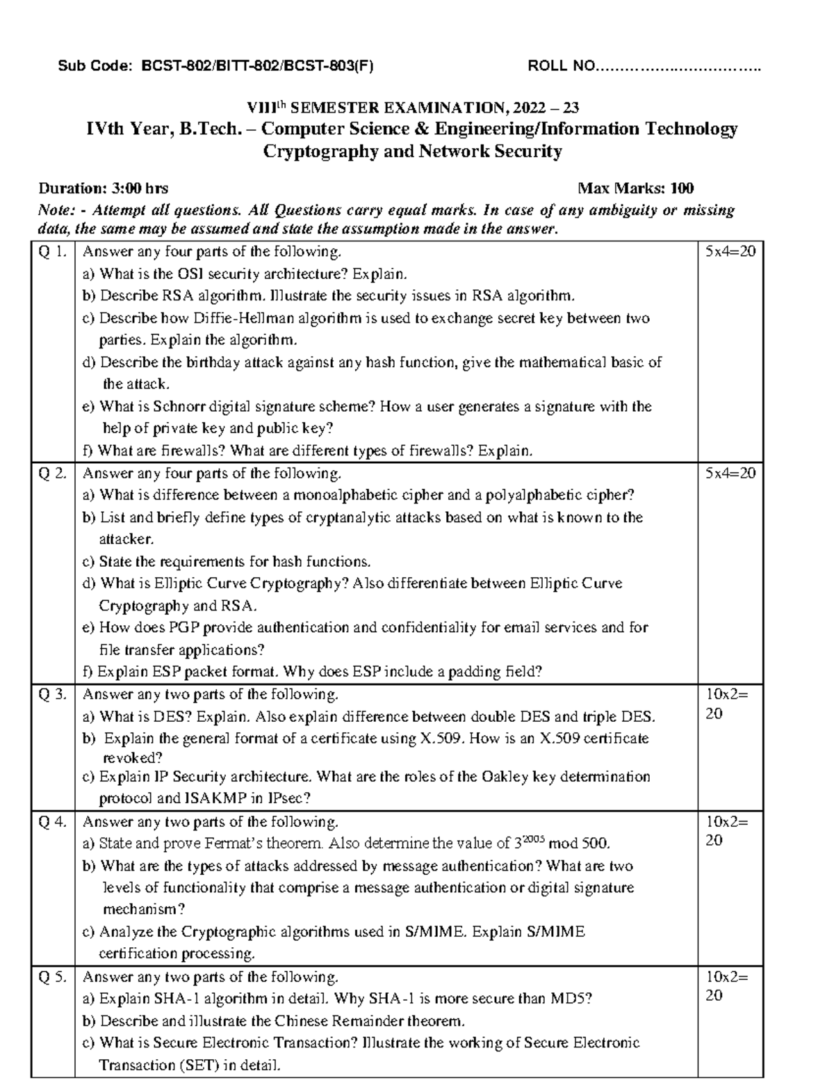 BCST 802 Cryptography & Network Security - Duration: 3:00 hrs Max Marks ...