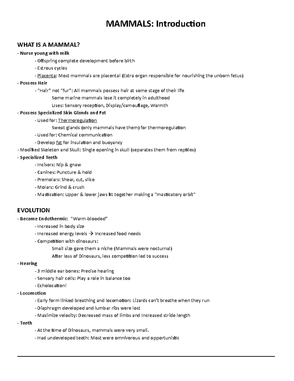 Mammals Intro - Lecture notes - MAMMALS: Introduction WHAT IS A MAMMAL ...