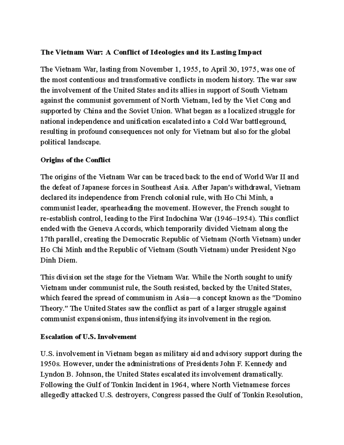 Essay - The Vietnam War: A Conflict of Ideologies and its Lasting ...