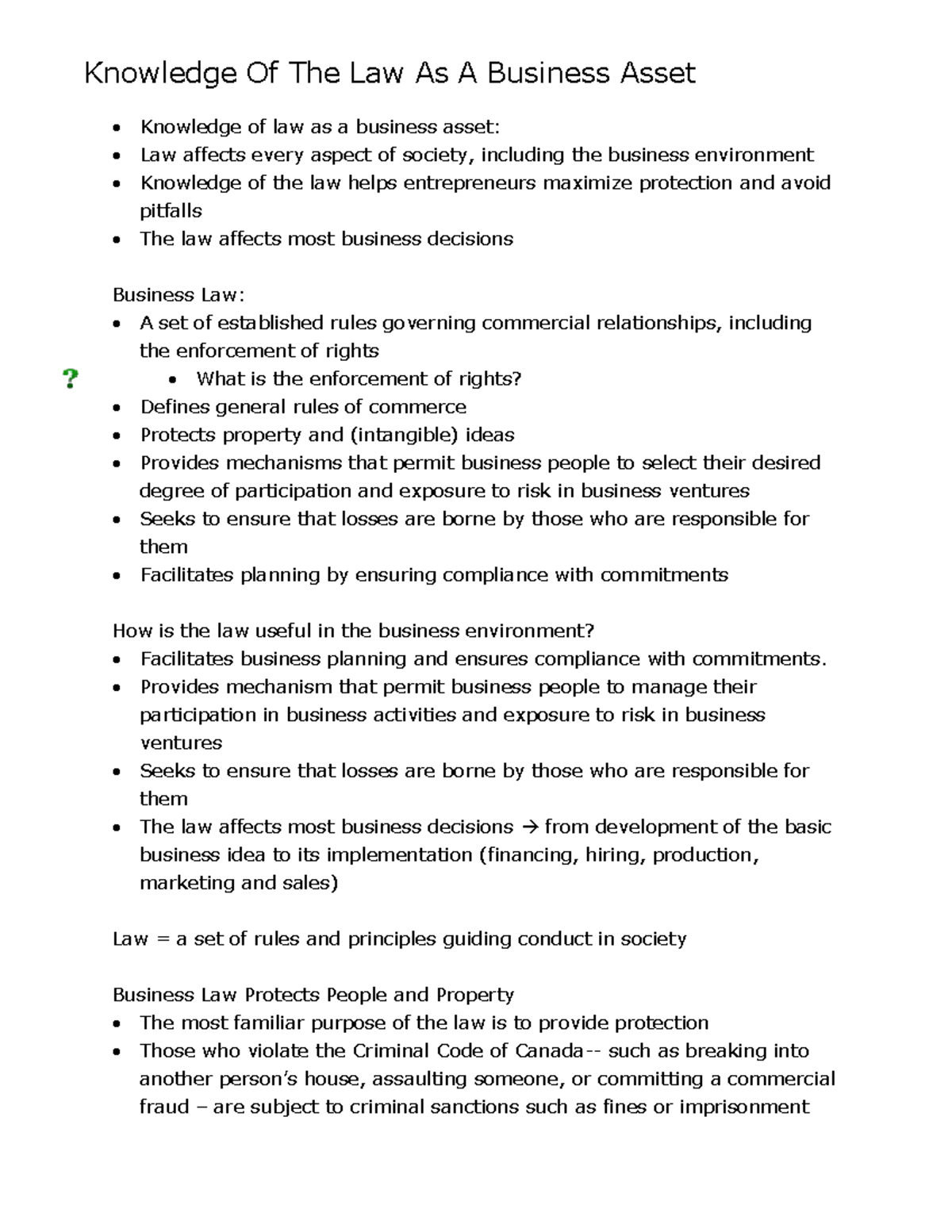 Lecture notes, lectures 1-19 - Knowledge Of The Law As A Business Asset ...