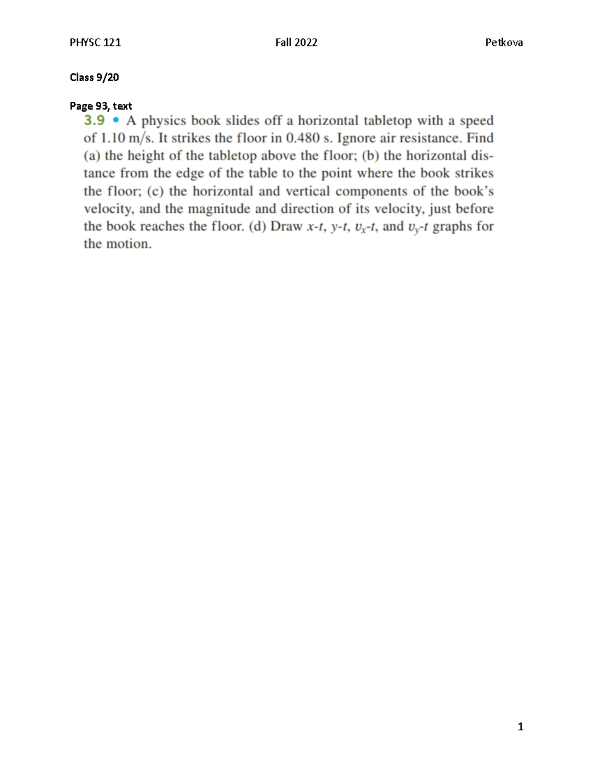 Class 9-20 Worksheet - PHYSC 121 Professor Penka Petkova Parabolic ...