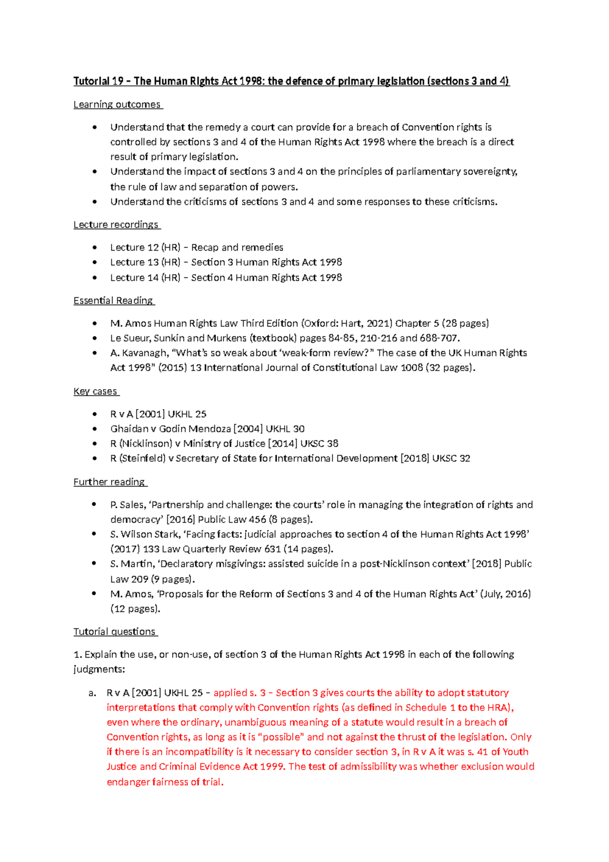 Tutorial 19 - 6th April - Tutorial 19 – The Human Rights Act 1998: the ...