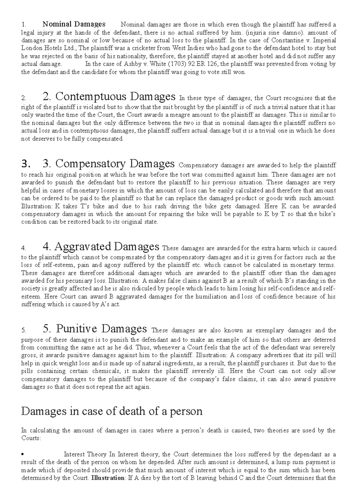 Damages in tort - 1. Nominal Damages Nominal damages are those in which ...
