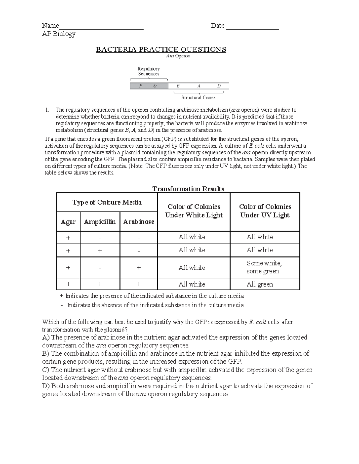 Review Bacteria AP Questions - Name________________________ Date ...