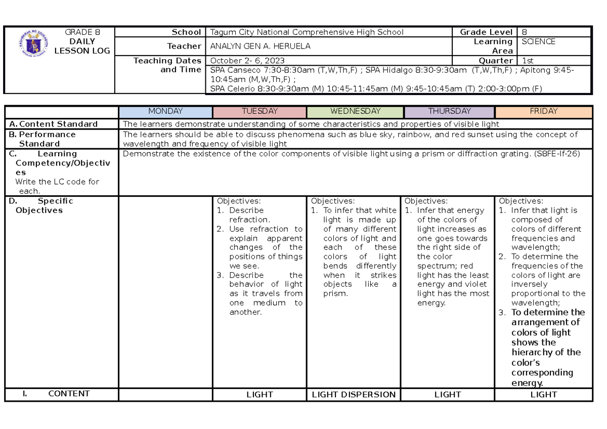 daily lesson log - GRADE 8 DAILY LESSON LOG School Tagum City National ...