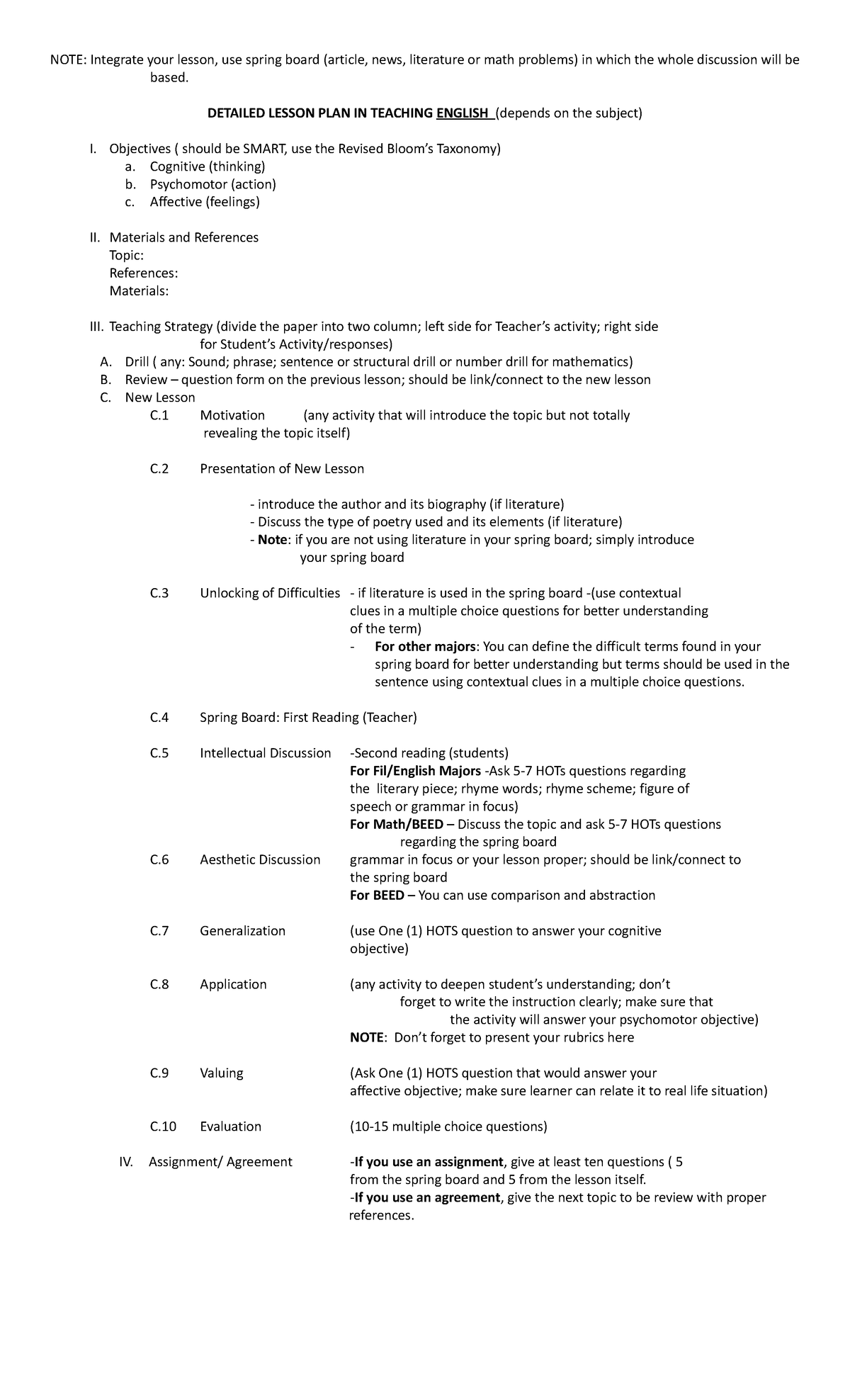 Detailed Lesson PLAN Format - NOTE: Integrate your lesson, use spring ...