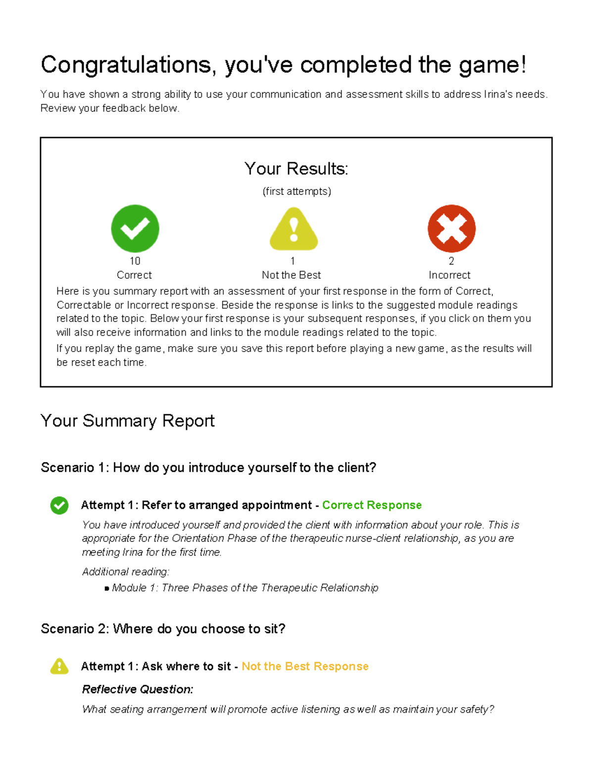 Summary Report Online Congratulations You ve Completed The Game