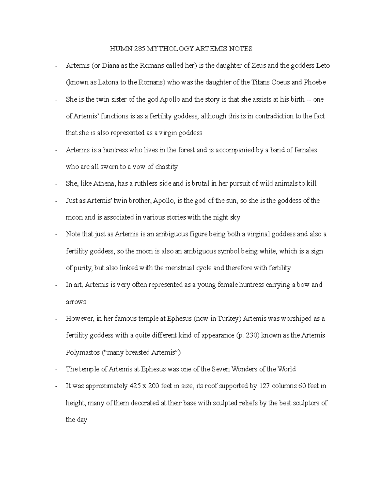 HUMN 285 Mythology Artemis Notes - HUMN 285 MYTHOLOGY ARTEMIS NOTES ...