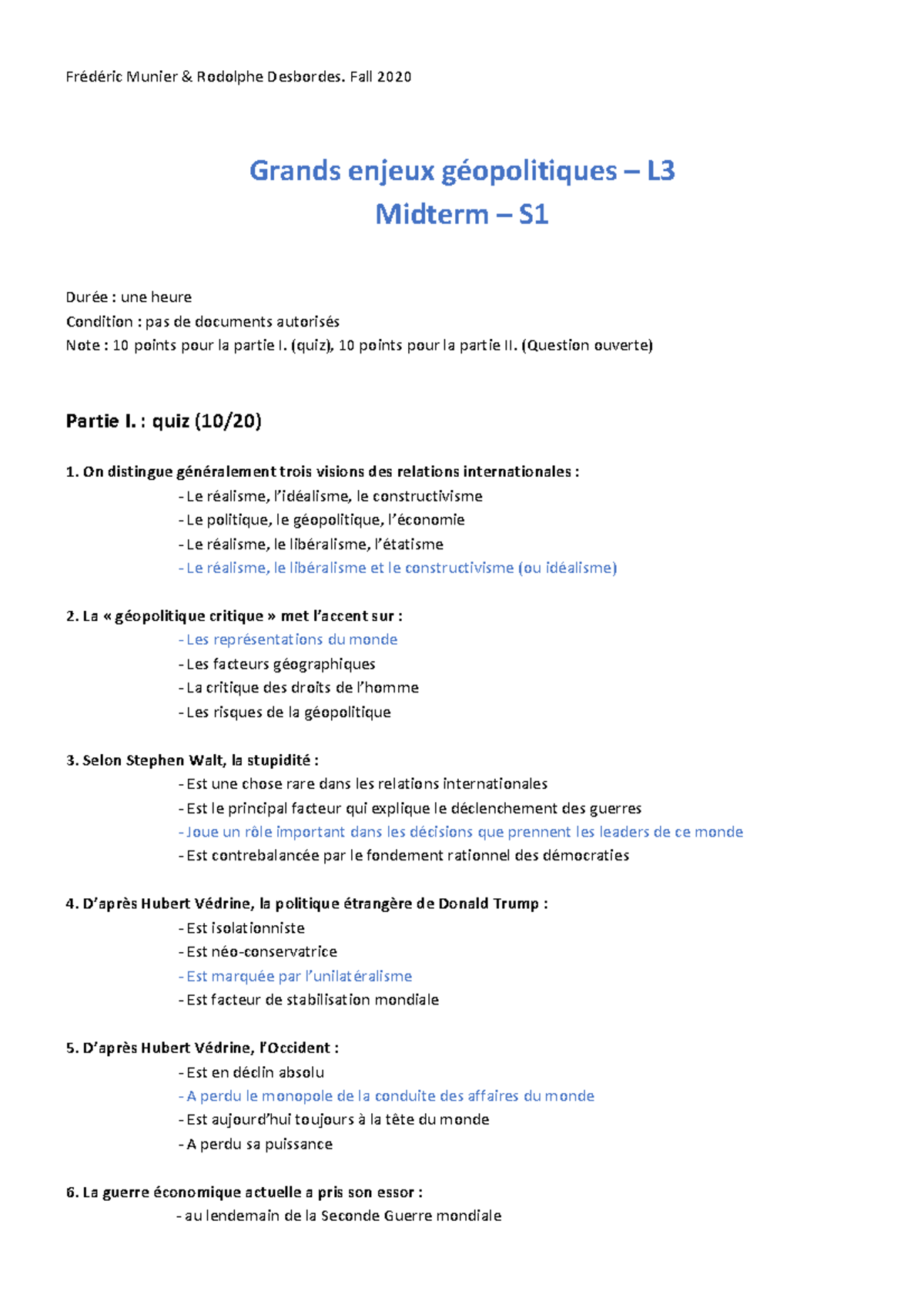 Grands enjeux géopolitiques - Midterm - Fall 2020 - Frédéric Munier ...