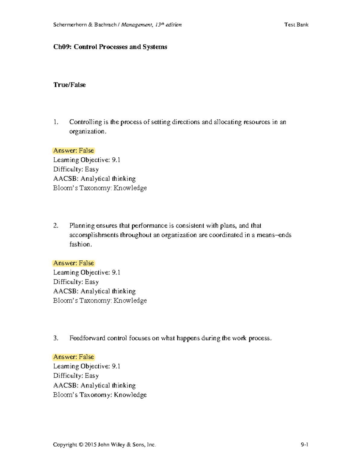 Ch09 - TEST BANK - MGT101 - Ch09: Control Processes and Systems True ...