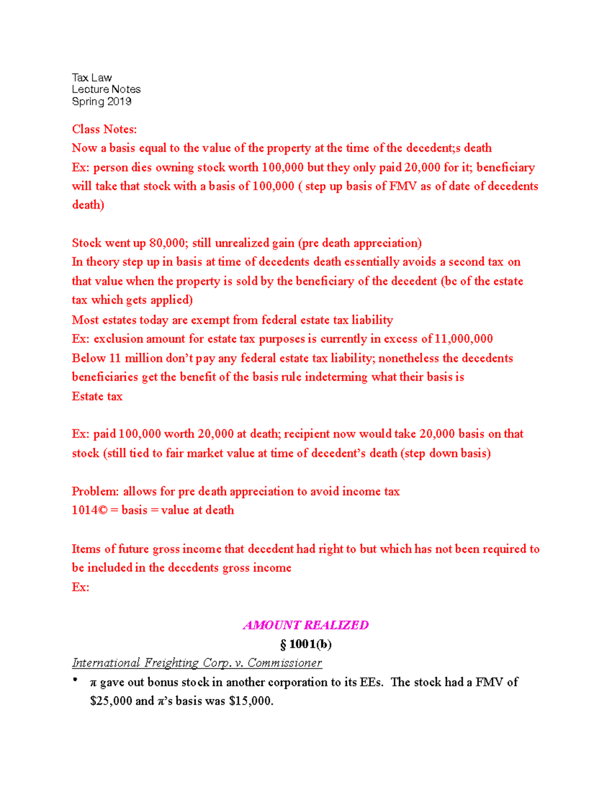 Amount Realized § 1001(b) - Tax Law Lecture Notes Spring 2019 Class ...