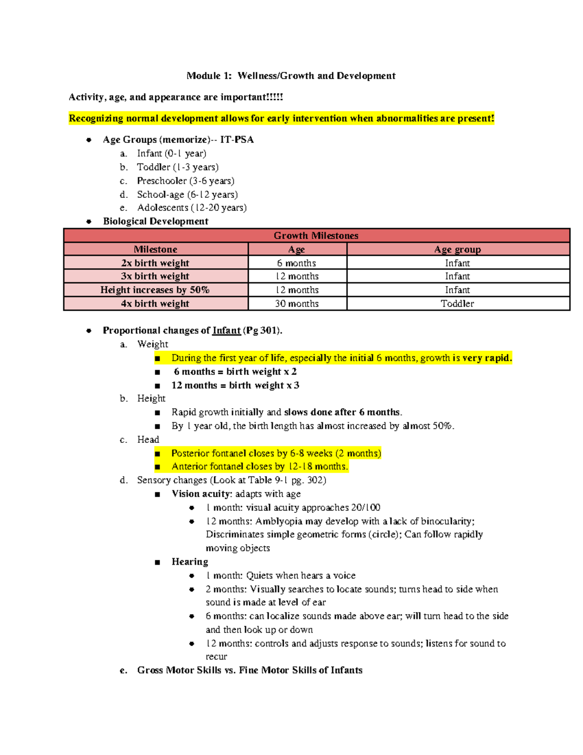 Nursing Pediatrics Module 1 Study Notes - **Module 1: Wellness/Growth ...