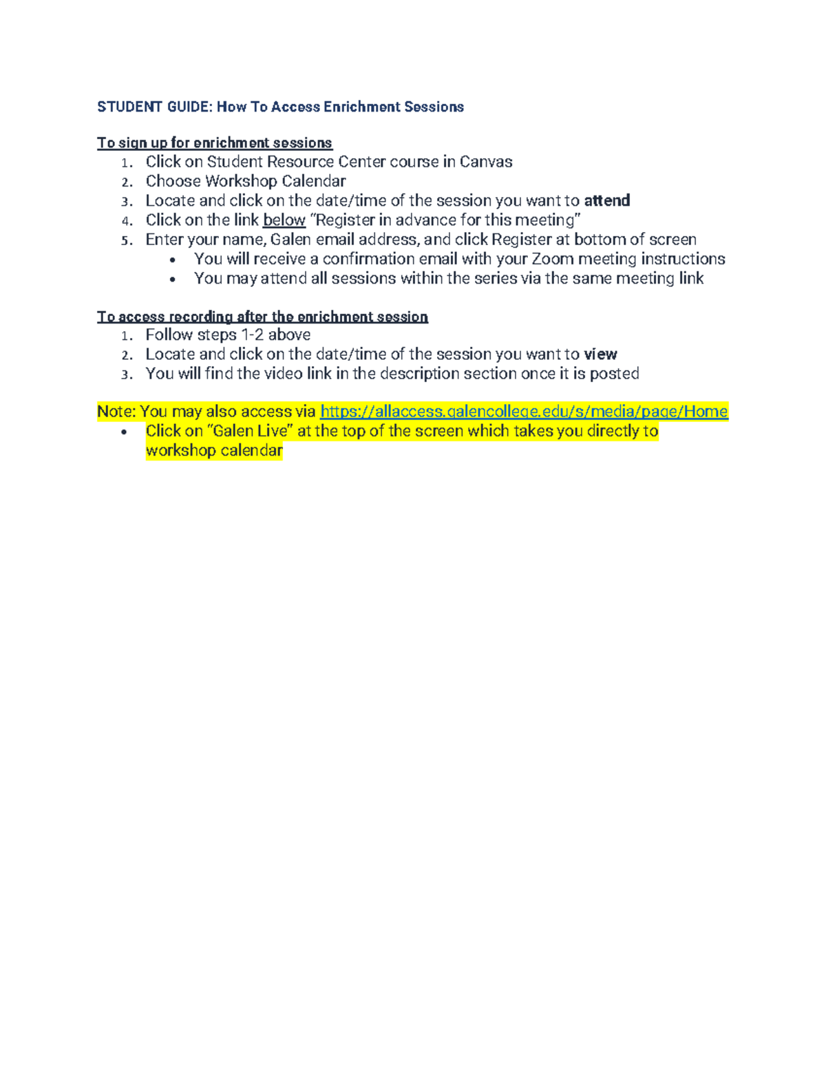Student Guide How to Access Enrichment Sessions - STUDENT GUIDE: How To ...