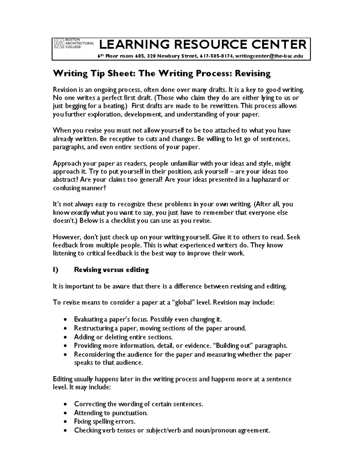 Writing Process - Revising - LEARNING RESOURCE CENTER 6 th Floor room ...