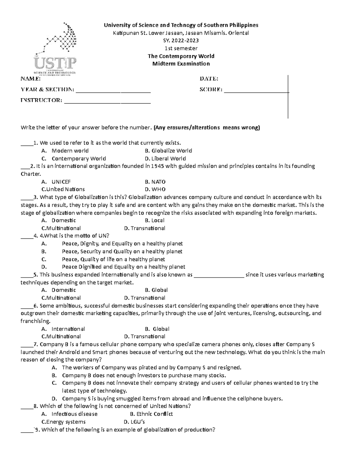 TCW Midterm EXAM 1st sem 2022-2023 - University of Science and Technogy ...