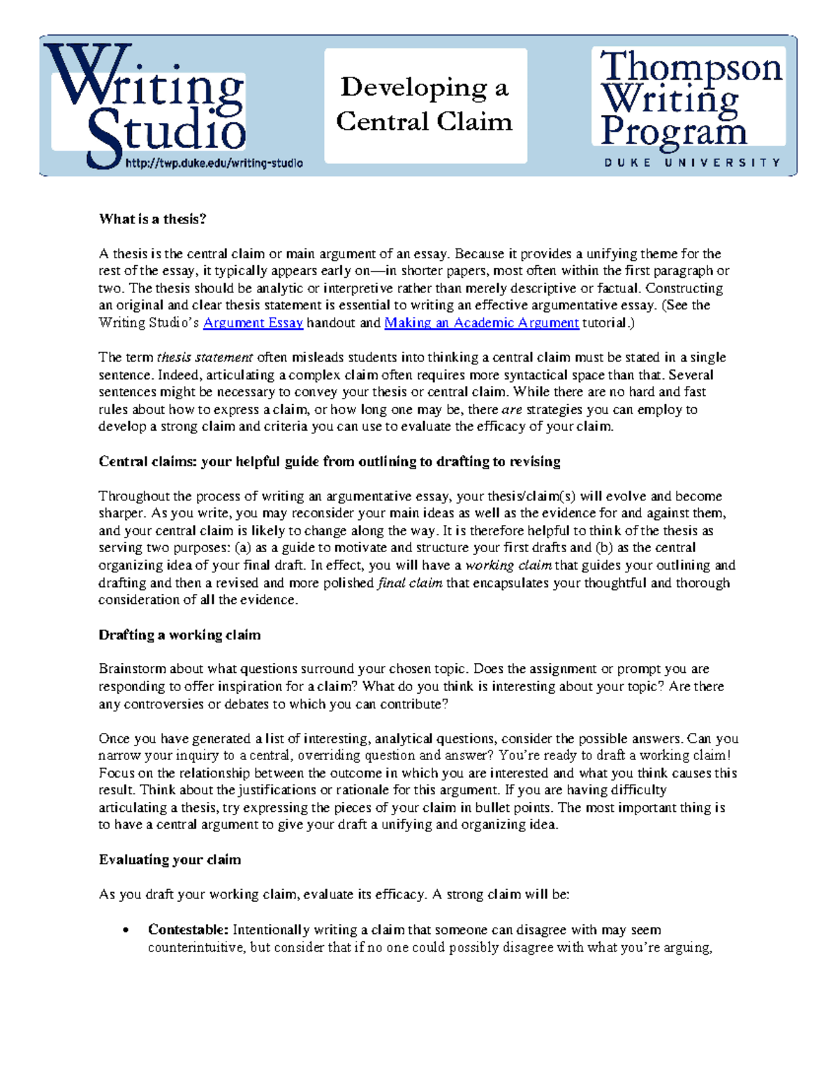 Central-claim - Developing a Central Claim What is a thesis? A thesis ...