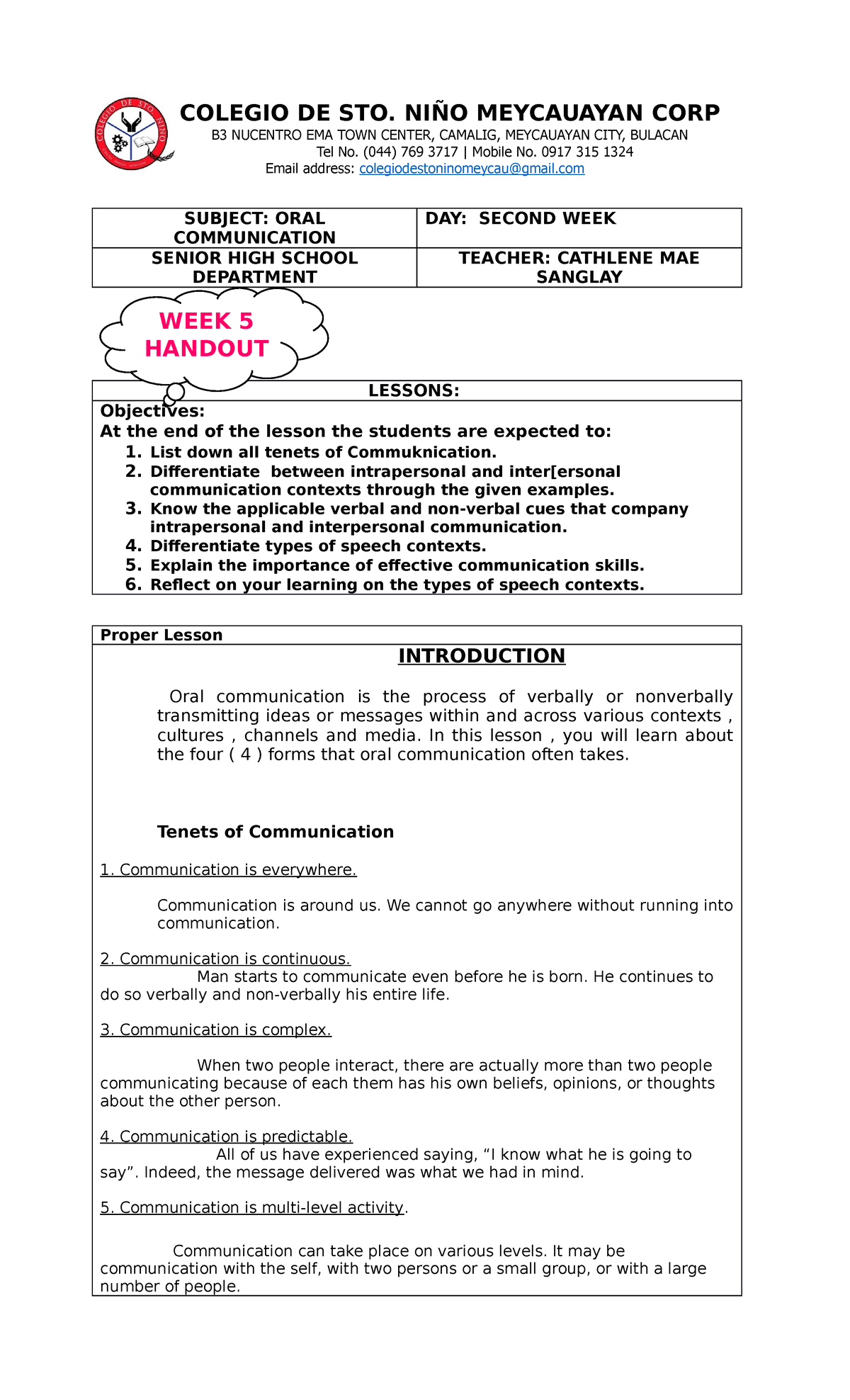 ORAL Communication-week 5 handouts - COLEGIO DE STO. NIÑO MEYCAUAYAN ...