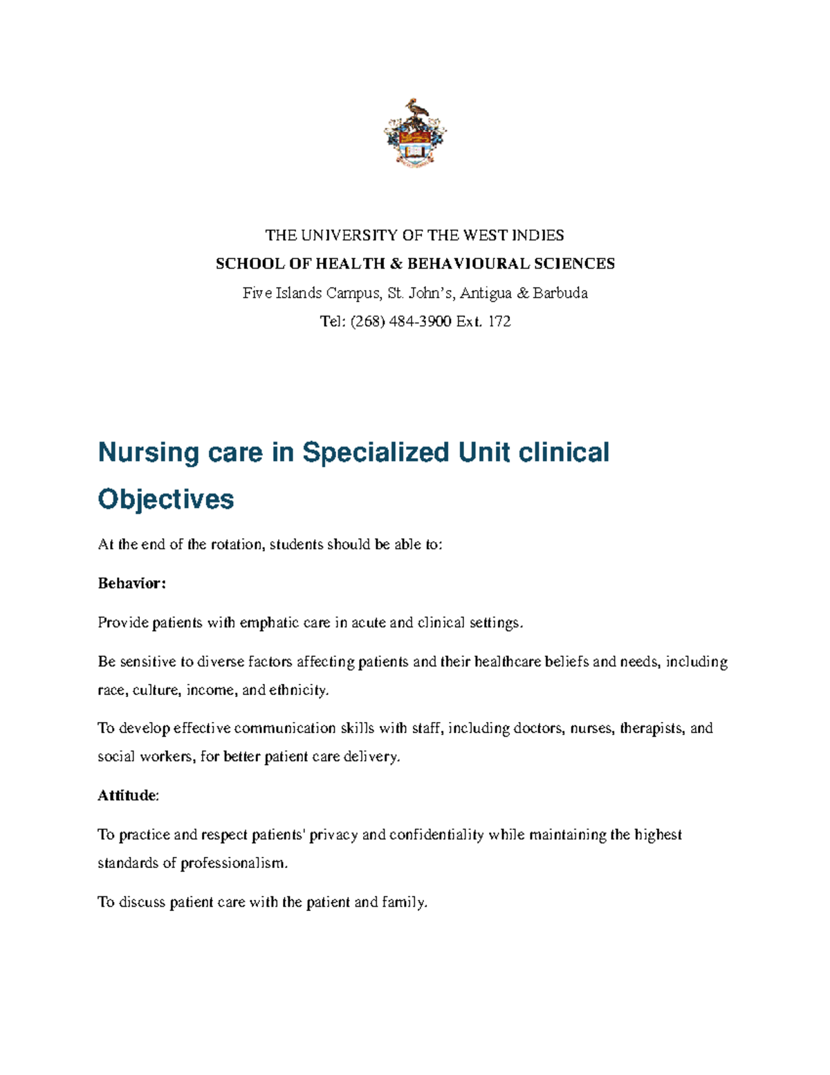Nursing Care in Specialized Units Clinical Objectives - THE UNIVERSITY ...