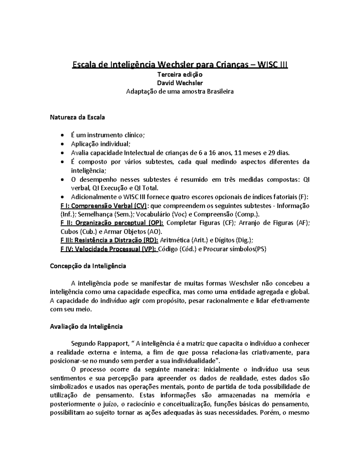 WISC apostila - Escala de Inteligência Wechsler para Crianças – WISC ...